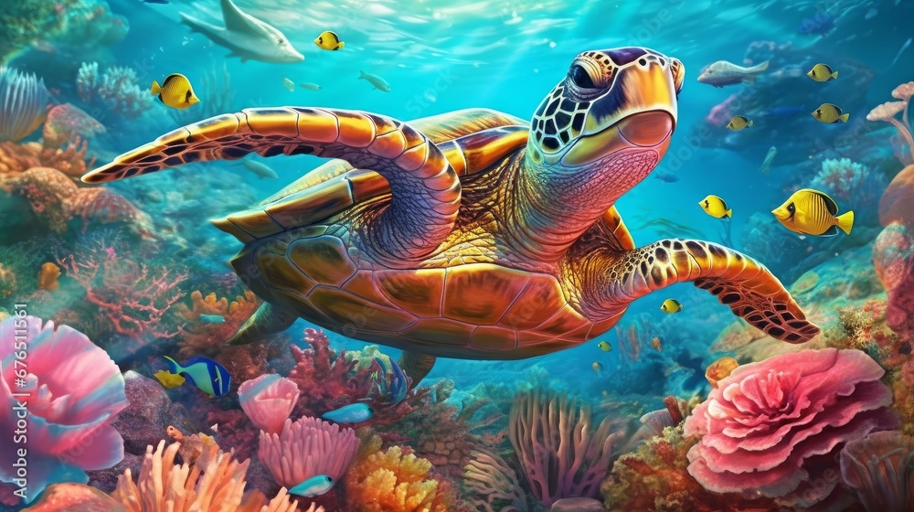 turtle with group of colorful fish and sea animals AI generated ...