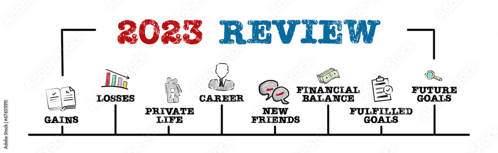 2023 Review concept. Illustration with keywords, icons and arrows ...