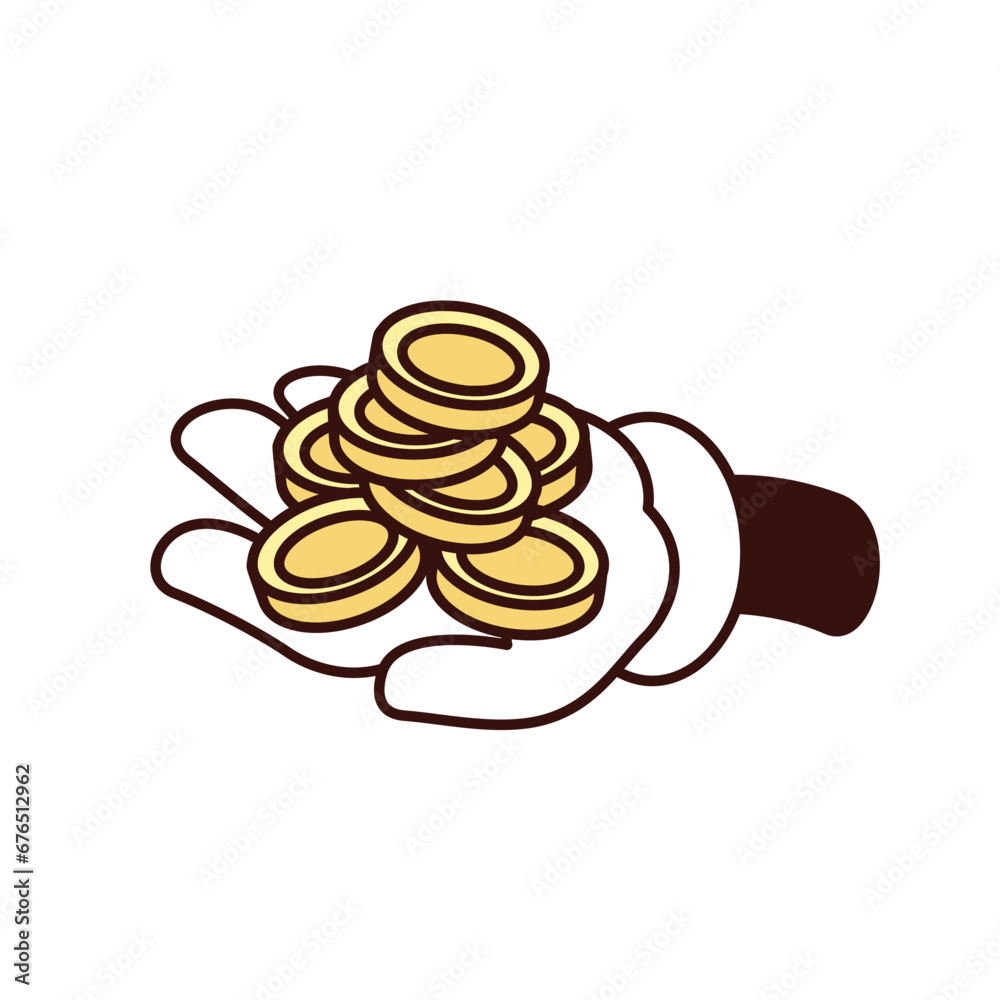 Groovy hand with gold money pile vector illustration. Cartoon isolated ...