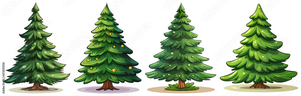 Cute green christmas tree clip arts with decorations on transparent ...