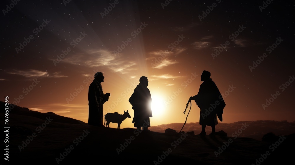 Silhouettes of shepherds with goat looking into sky at Bethlehem star ...