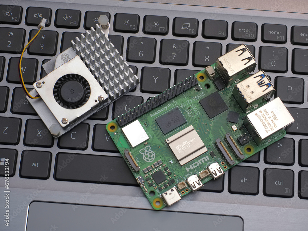 Galati, ROMANIA - November 10, 2023: Close-up of a Raspberry Pi 5 on a ...