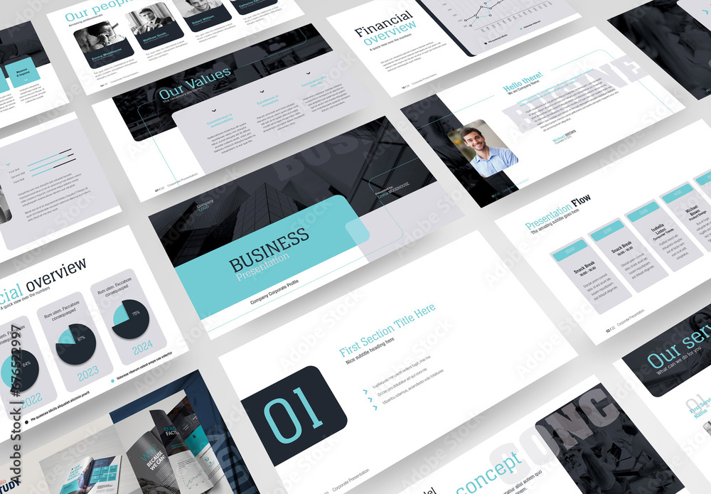 Business Presentation Slide Deck Layout with Blue and Grey Accents ...