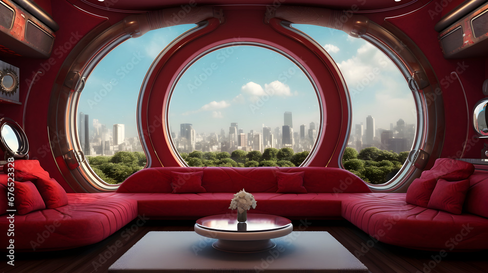 cozy living room on a space ship oval shaped window wth a stunning view ...