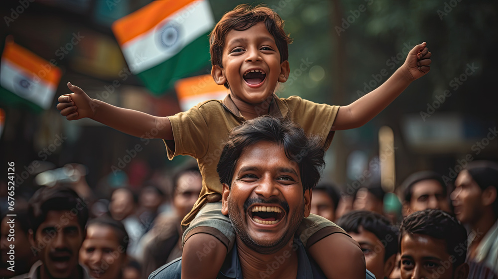 Happy dad with his son on his shoulder celebrating Indian Independence ...