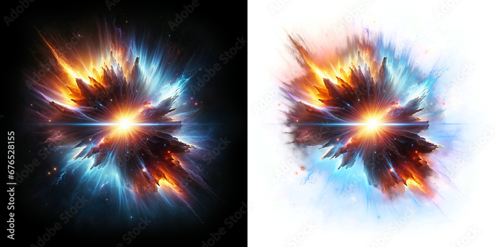 Supernova explosion with a bright central flare, isolated on a black ...