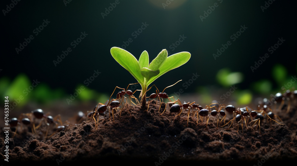 a very zoomed out picture of a lot of ants carrying a small green leaf ...