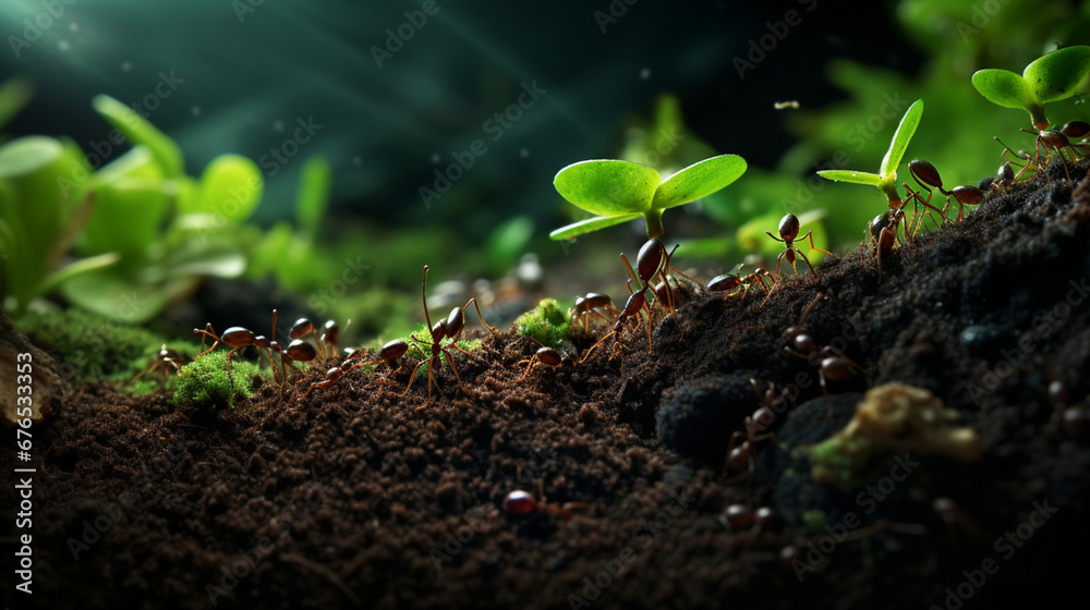 a very zoomed out picture of a lot of ants carrying a small green leaf ...