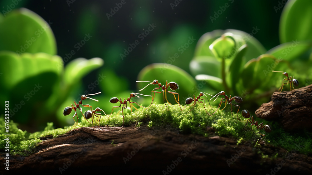 a very zoomed out picture of a lot of ants carrying a small green leaf ...