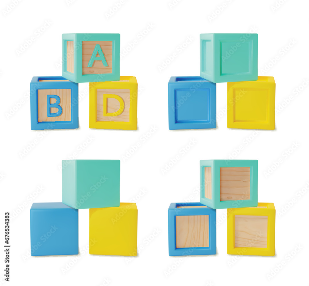 3d Different Types ABC Block Set Cartoon Style. Vector illustration of ...