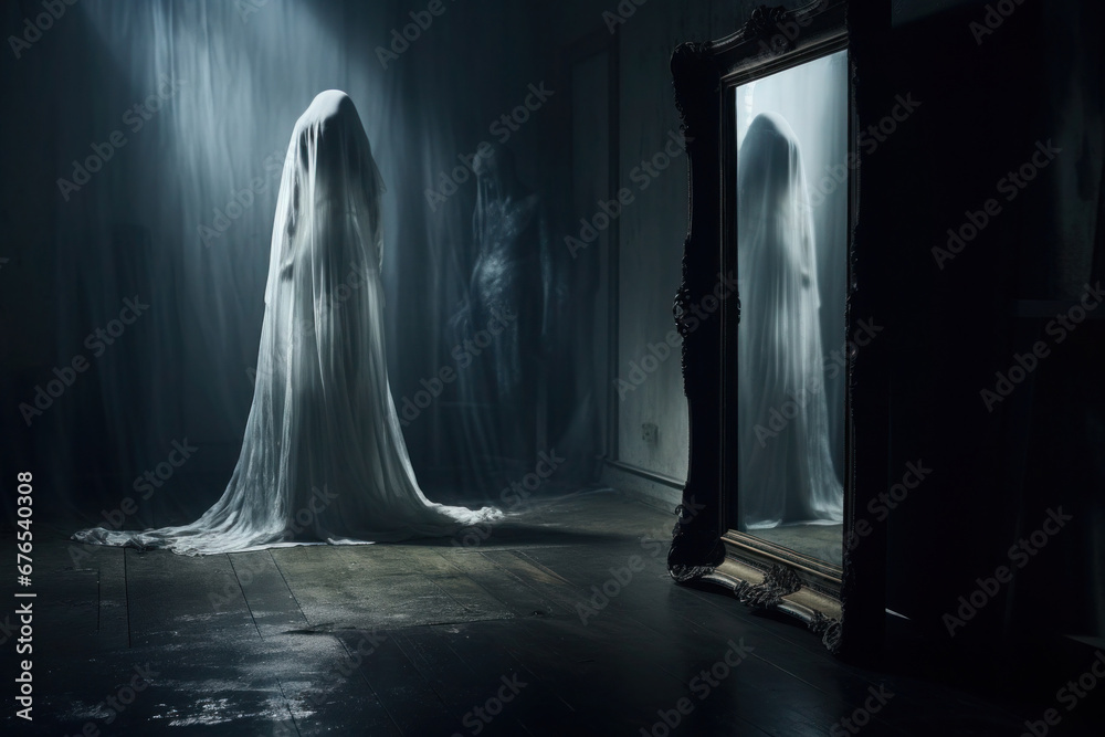 Spirits and ghosts in old house, reflection of ghost in mirror in dark ...