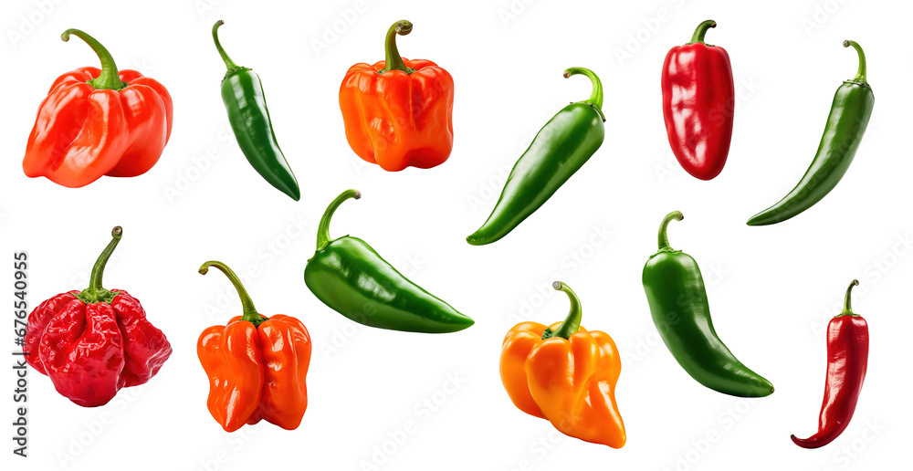 Variety of different chili peppers on isolated transparent background ...