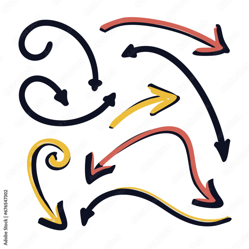 Various bold brush drawn curved arrows. Collection doodle marker thick ...