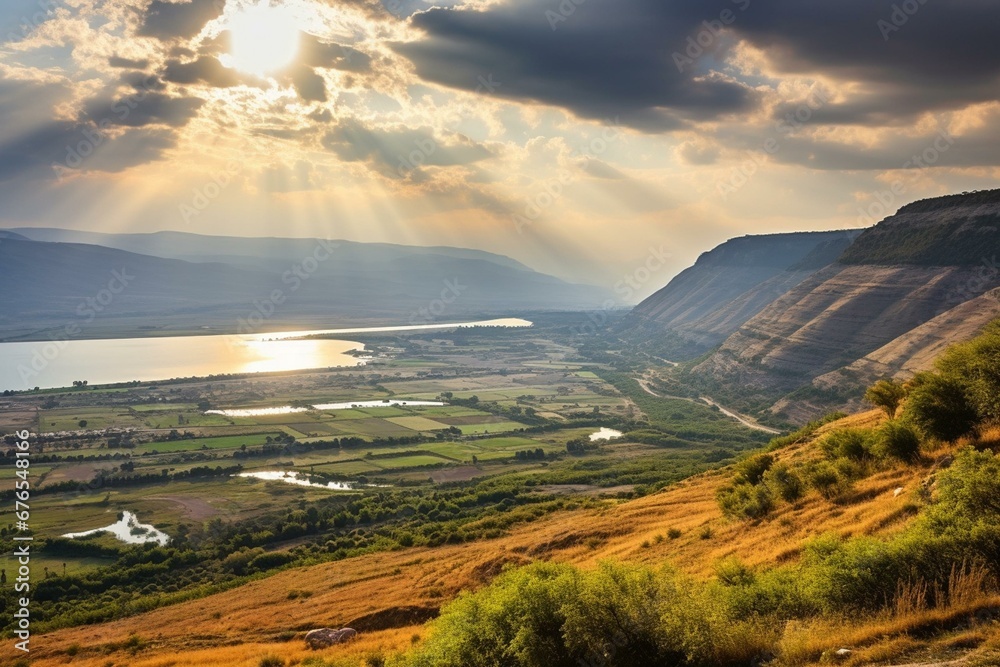 Jordan Rift Valley, Galilee, and Golan Heights. Landscape with lake ...