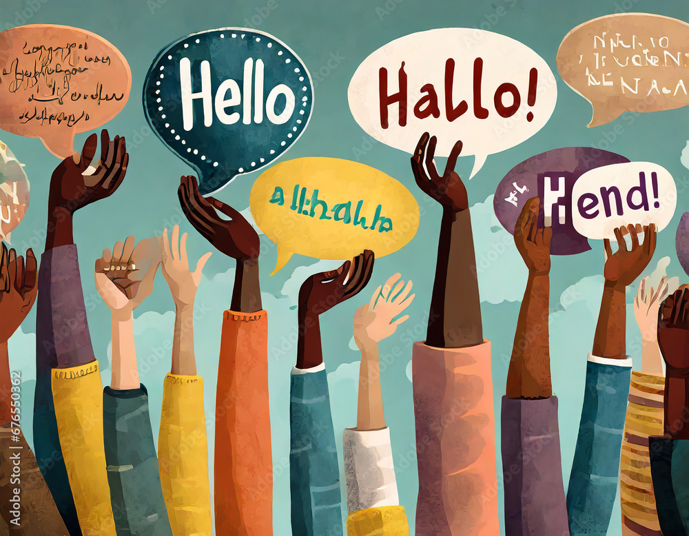 Many arms raised of diverse and multi-ethnic people holding speech ...