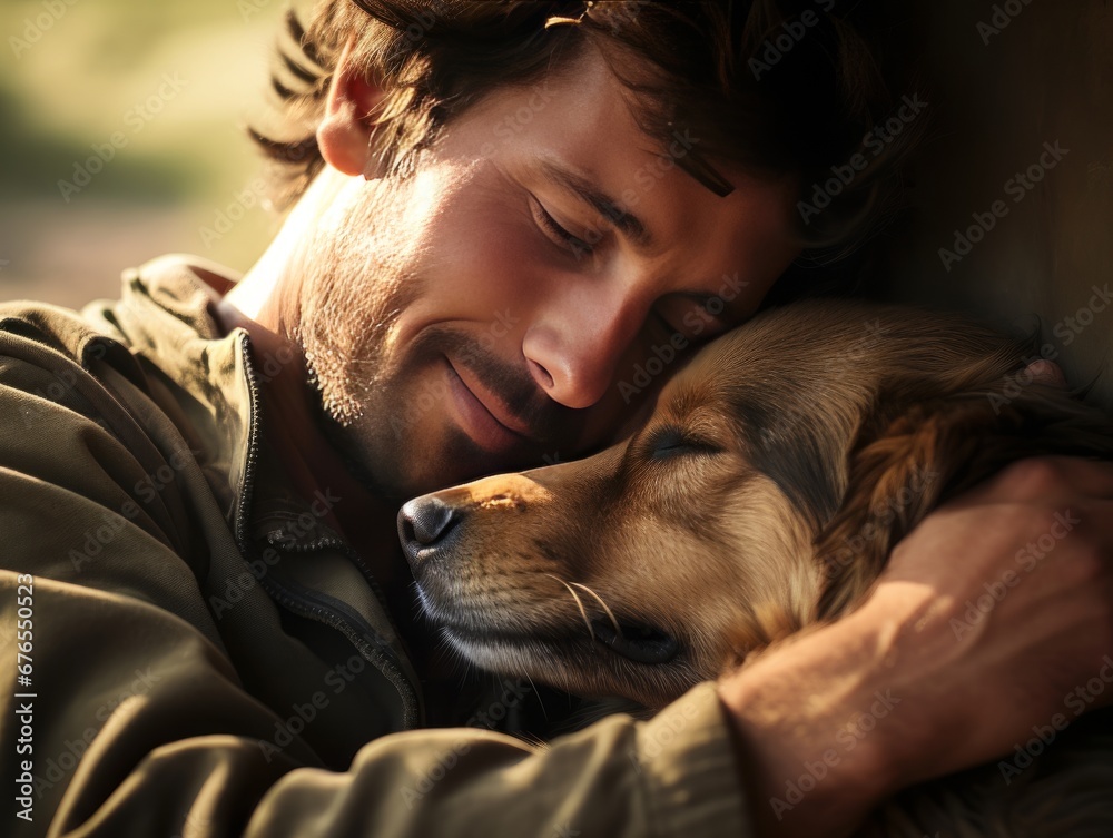 Man hugs dog with her eyes closed in the warm rays of the sun, AI Stock ...