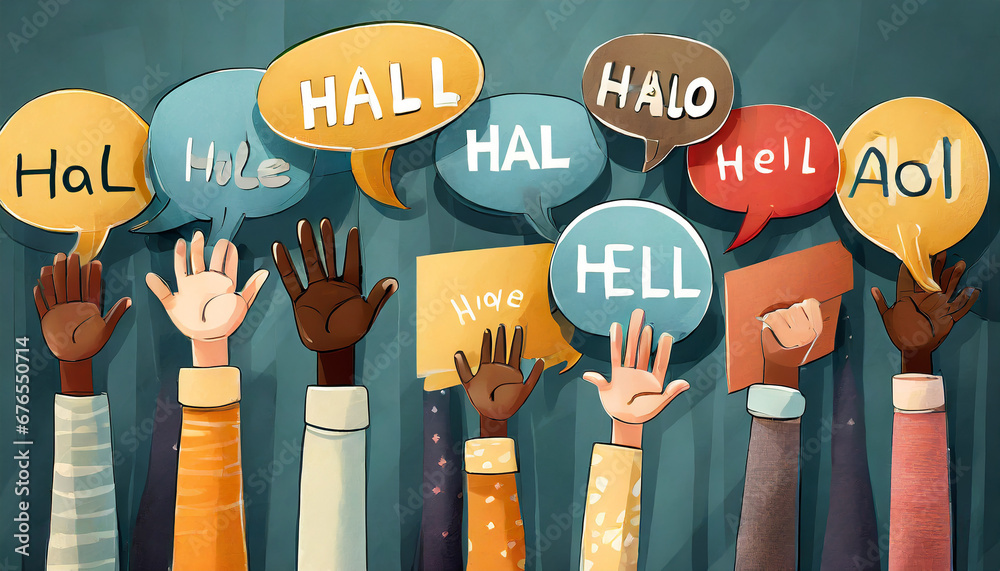 Many hands raised of diverse and multicultural children and teens ...