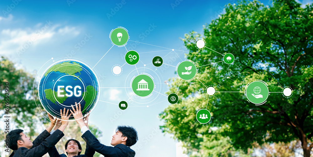 Group of business people promote environment awareness, holding big ...