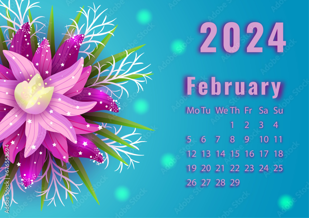 Calendar design for the month of February 2024. A4 format, vector ...