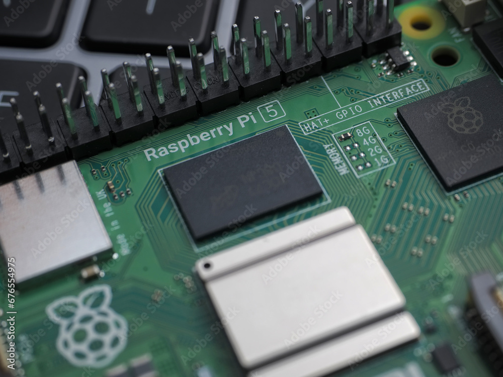 Galati, ROMANIA - November 10, 2023: Close-up of a Raspberry Pi 5 with ...