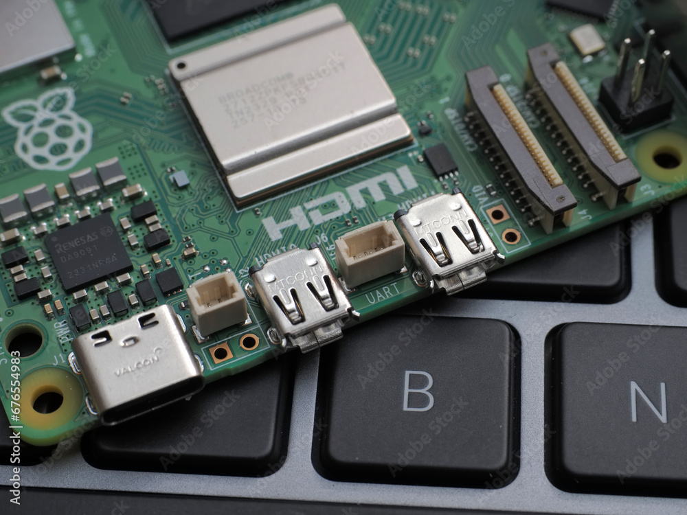 Galati, ROMANIA - November 10, 2023: Close-up of a Raspberry Pi 5 with ...