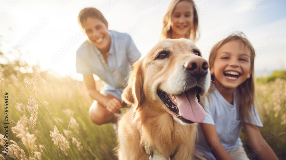 Happy family with dog in nature. Camping, travel, hiking. Stock Photo ...
