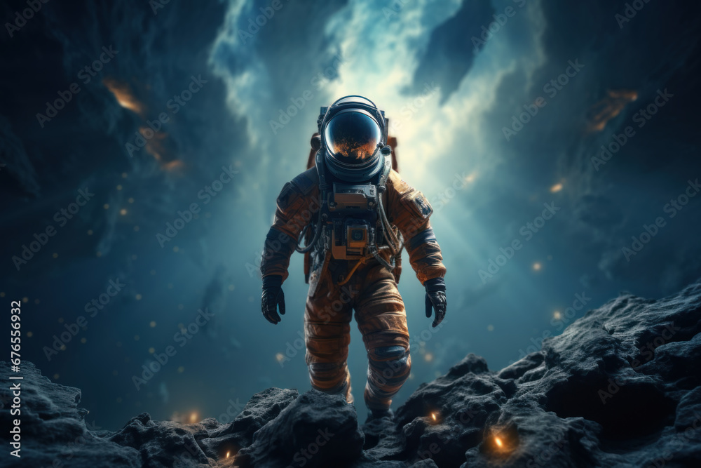 An astronaut floating in space, gazing at Earth from afar, illustrating ...