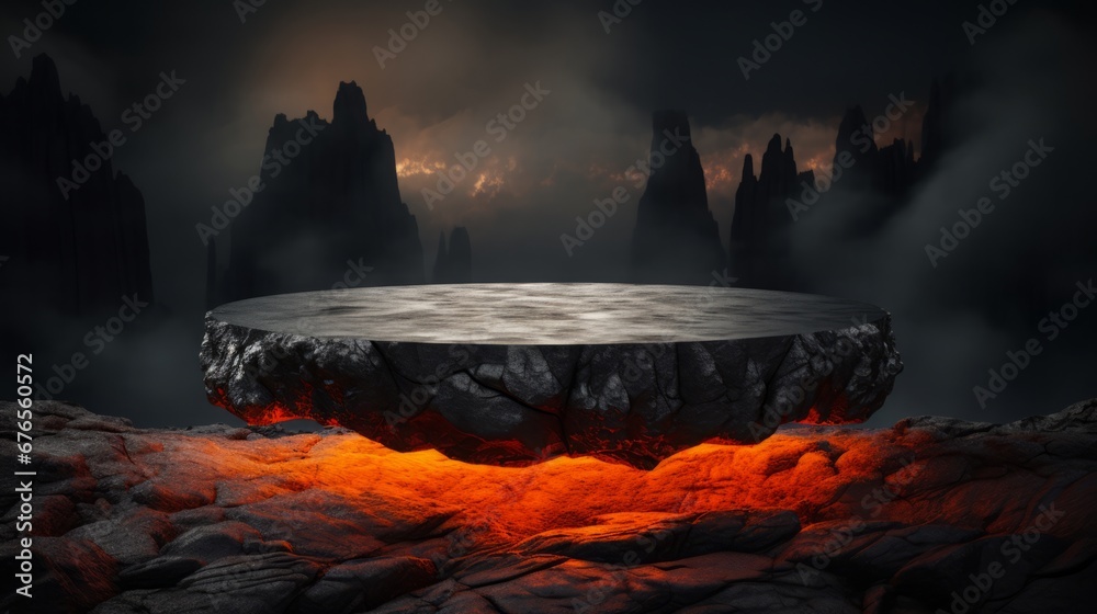 Fire lava podium rock volcano background product magma display 3d scene ...