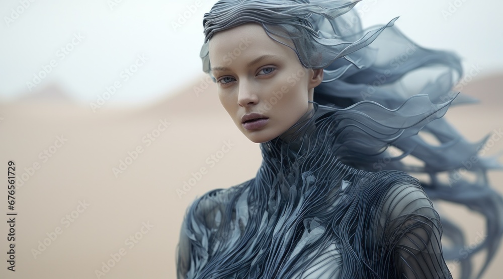 Conceptual portrayal of a female figure with sculpted metallic attire ...