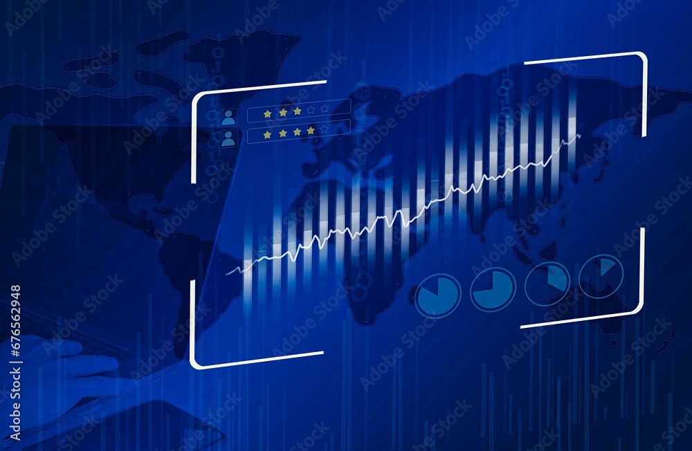 a gradual climbing chart of stocks shown on a screen on dark background ...