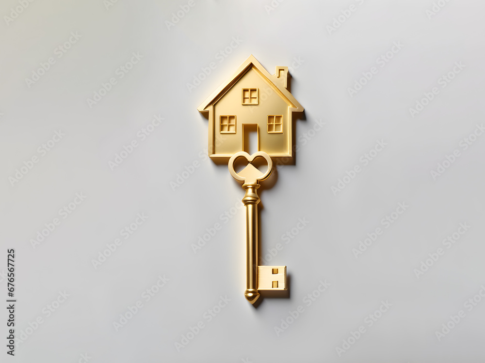 housewarming concept, golden key in the shape of a house top view ...