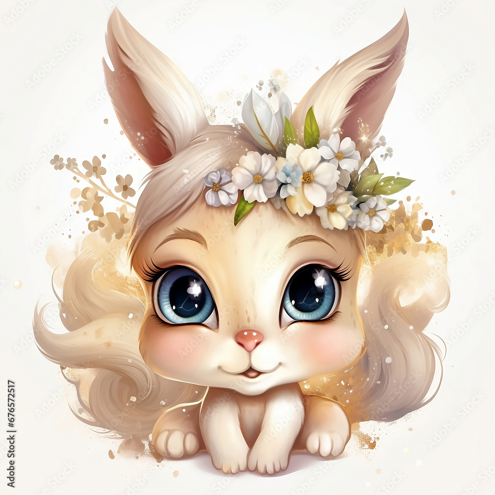Ilustración dibujo animado conejito adorable ojos tiernos, fondo blanco ...