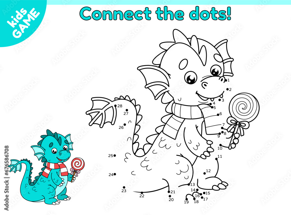 Dot to dot kids game. Symbol of the Chinese New Year is dragon. Connect ...