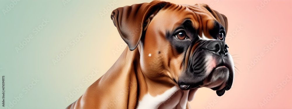 Studio portraits of a funny German boxer dog on a plain and colored ...