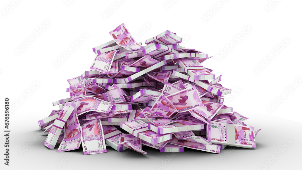 Big pile of 2000 Indian rupee notes. A lot of money isolated on ...