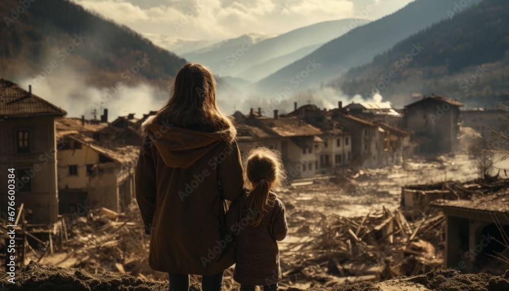 Heartbreaking scene woman and child in contemplation of the city ...