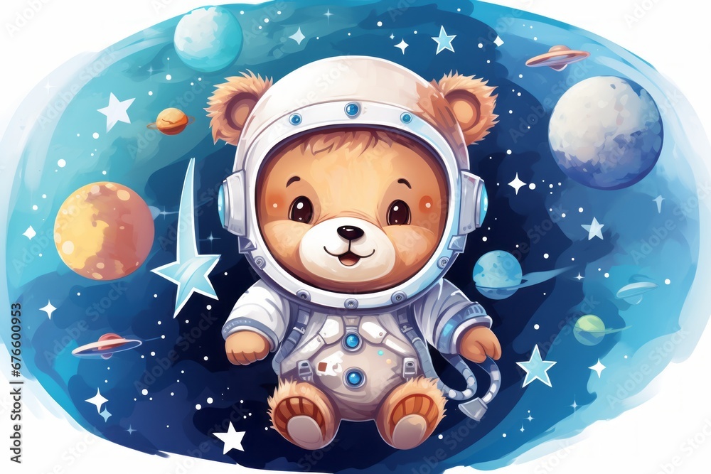 Cute Kawaii Teddy Bear Astronaut in Outer Space Children Cartoon ...