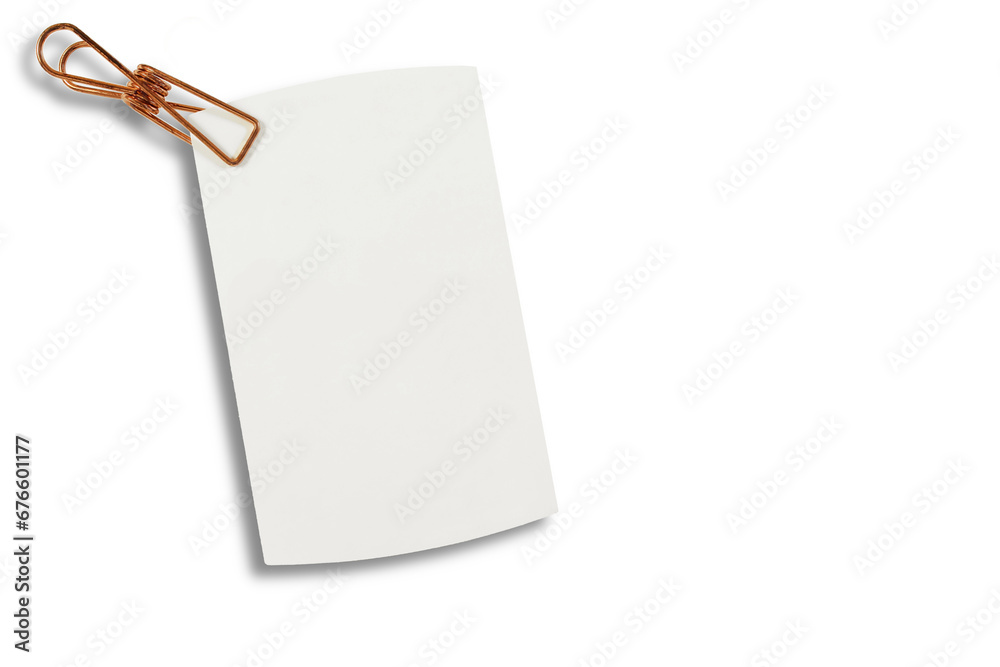 blank white card paper note or notepad isolated with clip pin on cutout ...