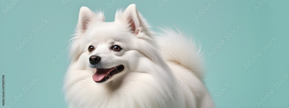 Studio portraits of a funny Japanese Spitz dog on a plain and colored ...