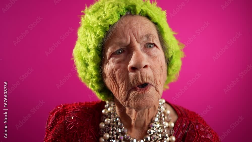 Smiling happy fisheye view of successful funny elderly woman with no ...
