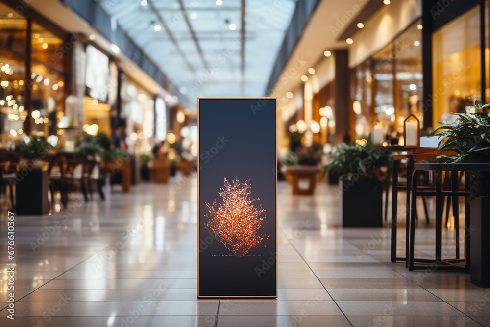 roll up mockup poster stand in an shopping center or mall environment ...