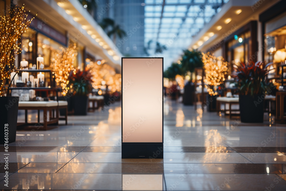 roll up mockup poster stand in an shopping center or mall environment ...