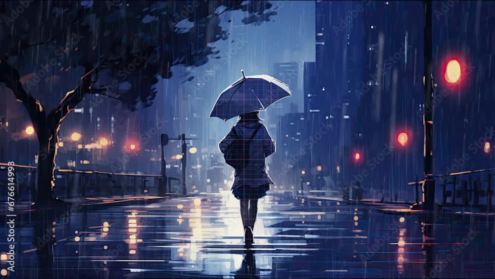 Seamless loop animation. people, Jogger. Standing Rainy Night City ...