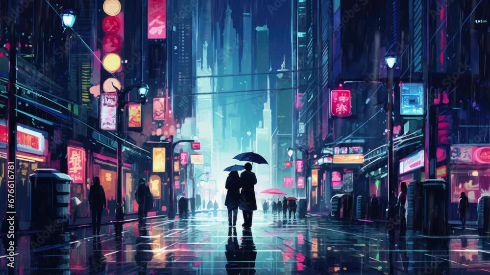 Seamless loop animation. people, Street Vendor. Standing Rainy Night ...