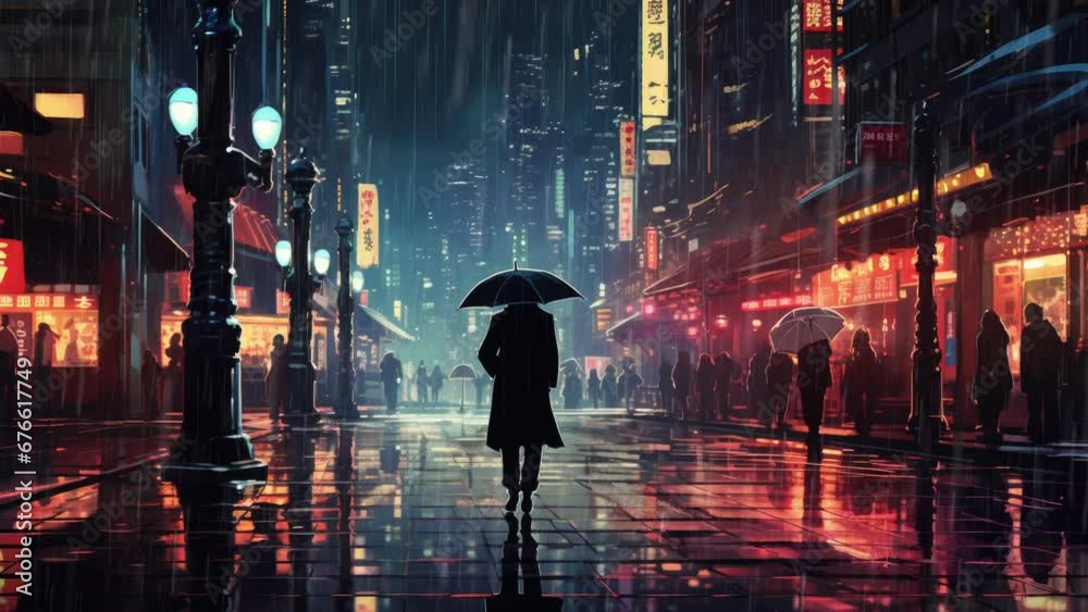 Seamless loop animation. people, Waiter/Waitress. Standing Rainy Night ...