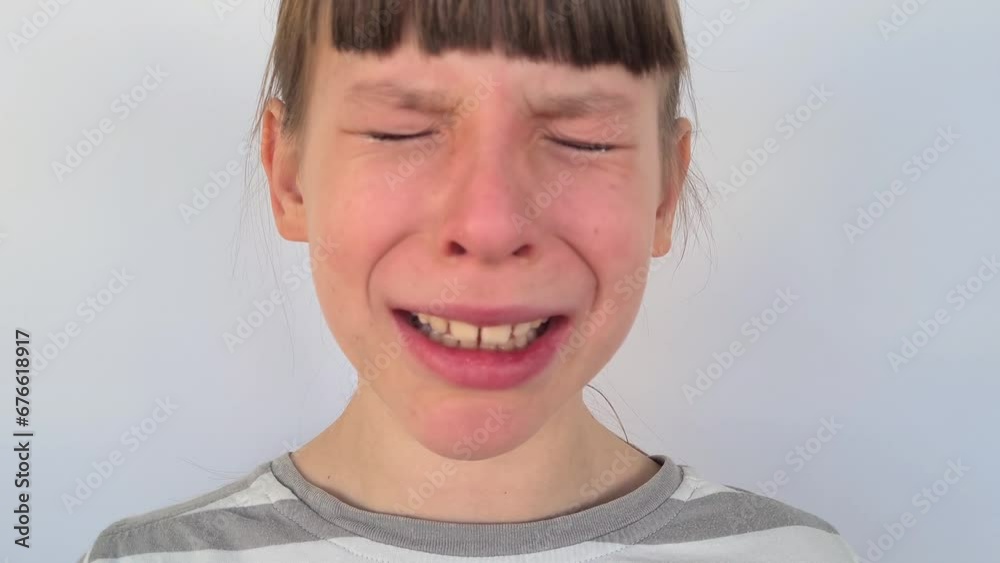 Cute child teenager girl crying. Emotional closeup portrait parenting ...