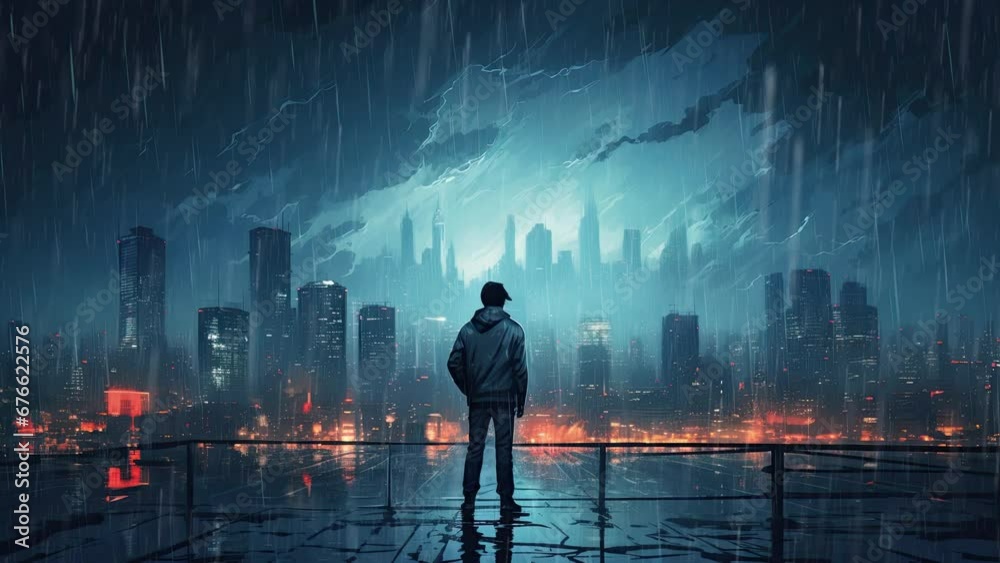 Seamless loop animation. people, Skateboarder. Standing Rainy Night ...