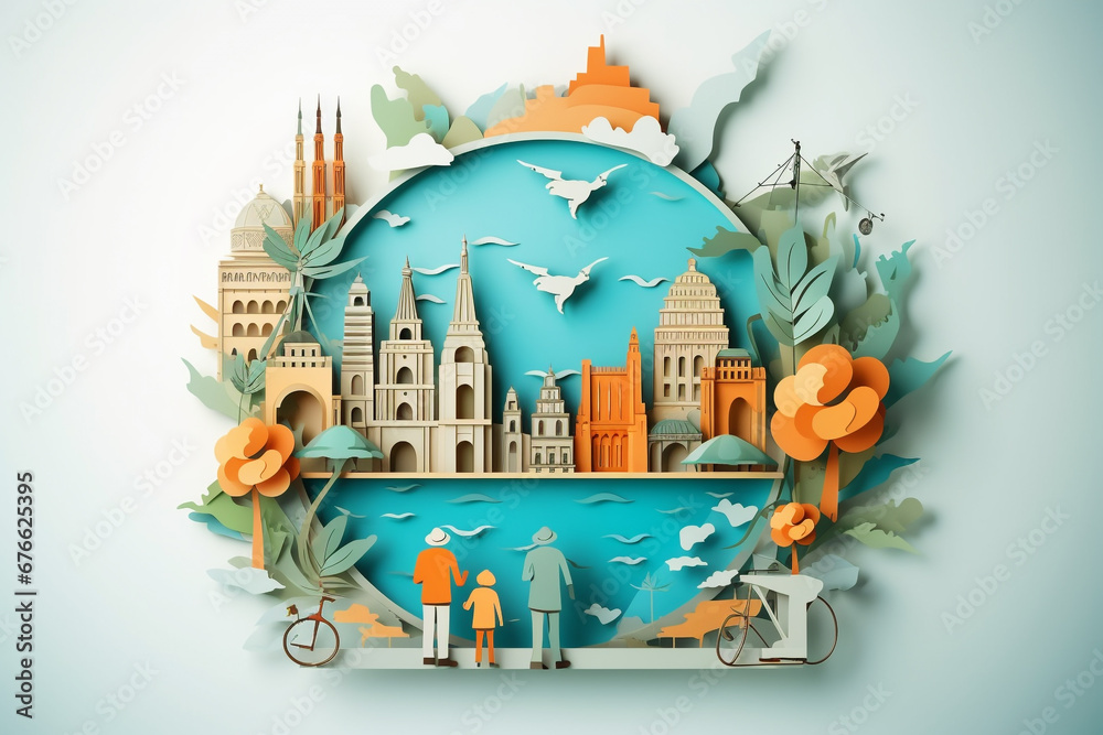 Travel around the world banner design by paper cut, minimal flat design ...