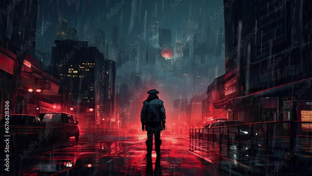 Seamless loop animation. people, Firefighter. Standing Rainy Night City ...