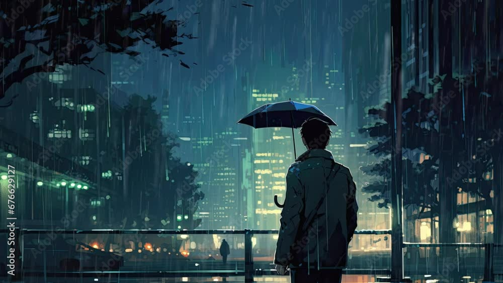 Seamless loop animation. people, Boy. Standing Rainy Night City Holding ...